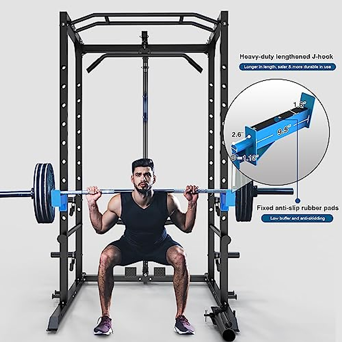 ULTRA FUEGO Power Cage, Multi-Functional Power Rack with J-Hooks, Dip Handles, Landmine Attachment and Optional Cable Pulley System for Home Gym (Power Cage with LAT Pulldown)