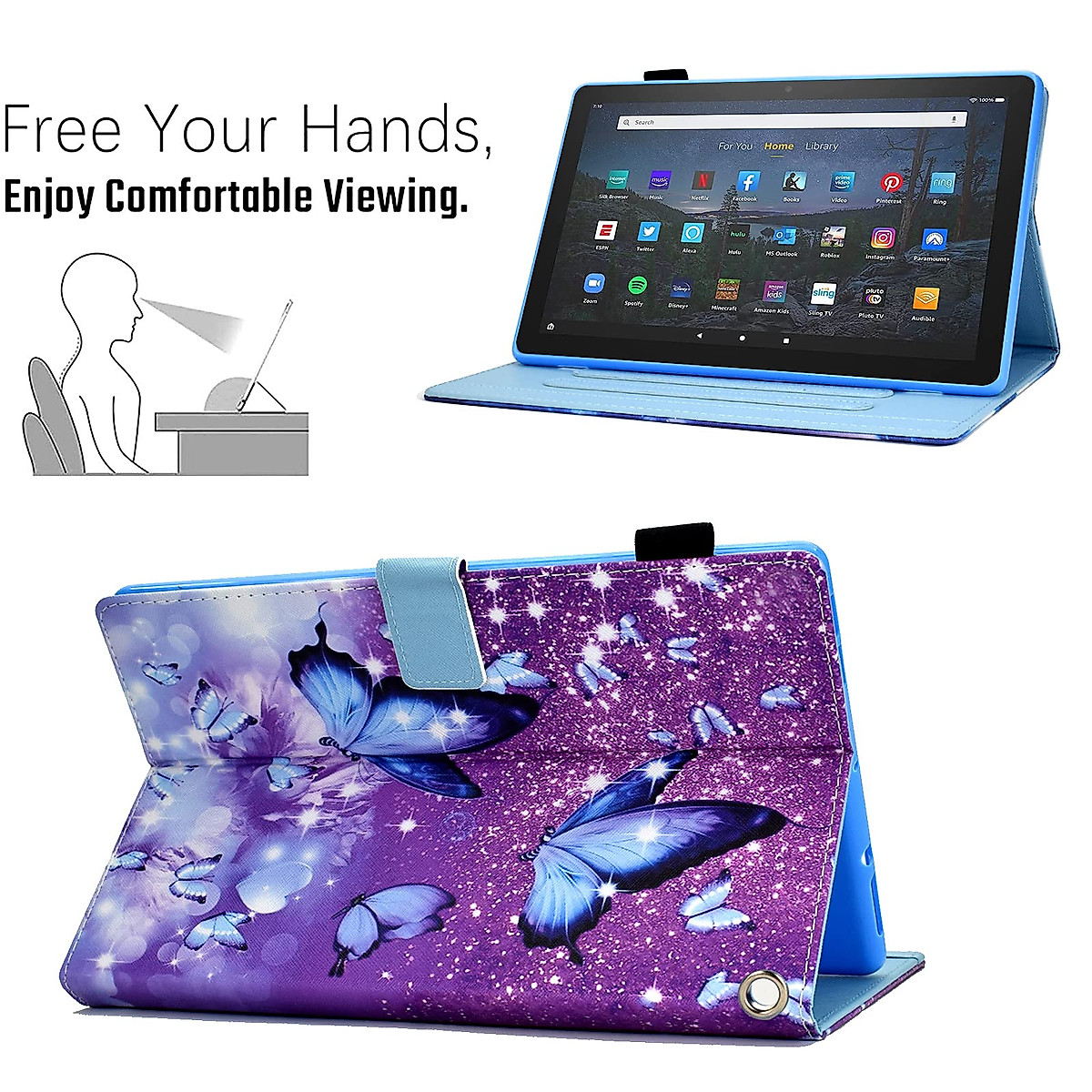 Case for Kindle Fire HD 10 Tablet & Fire HD 10 Plus (13th/11th Generation 2023 2021 Release) Cover Case, Funut Premium PU Leather Stand Folio Cover with Auto Wake/Sleep, Purple Butterfly