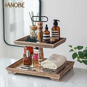 Hanobe Tiered Tray for Table Decor: 2 Tier Easter Serving Stand Farmhouse Decorative Tray for Coffee Bar Centerpiece Rectangle Wood Display Stands Kitchen Counter (Brown)