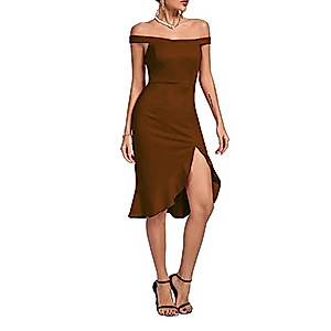 LYANER Women's Off Shoulder Ruffle Split Hem Bodycon Party Club Midi Dress Brown Medium