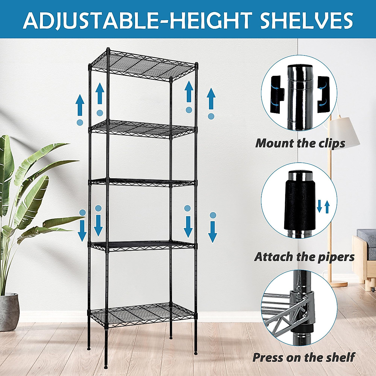 YIQIEDEY 5 Tier Shelf Display Shelf Garage Racks for Storage Garage Shelf with Adjustable Wire Shelving Unit Metal Shelf Garage Shelf for Laundry Bathroom Kitchen Pantry Closet(30" Lx14 Wx61 H,Black)