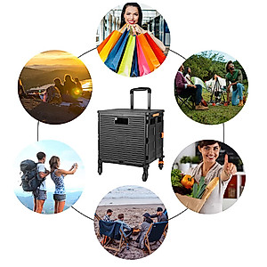 FELICON SELORSS Foldable Utility Cart Folding Portable Rolling Crate Handcart with Heavy Duty Telescoping Handle Collapsible 4 Rotate Wheels for Travel Shopping Move Luggage Office Use(Black+Black)