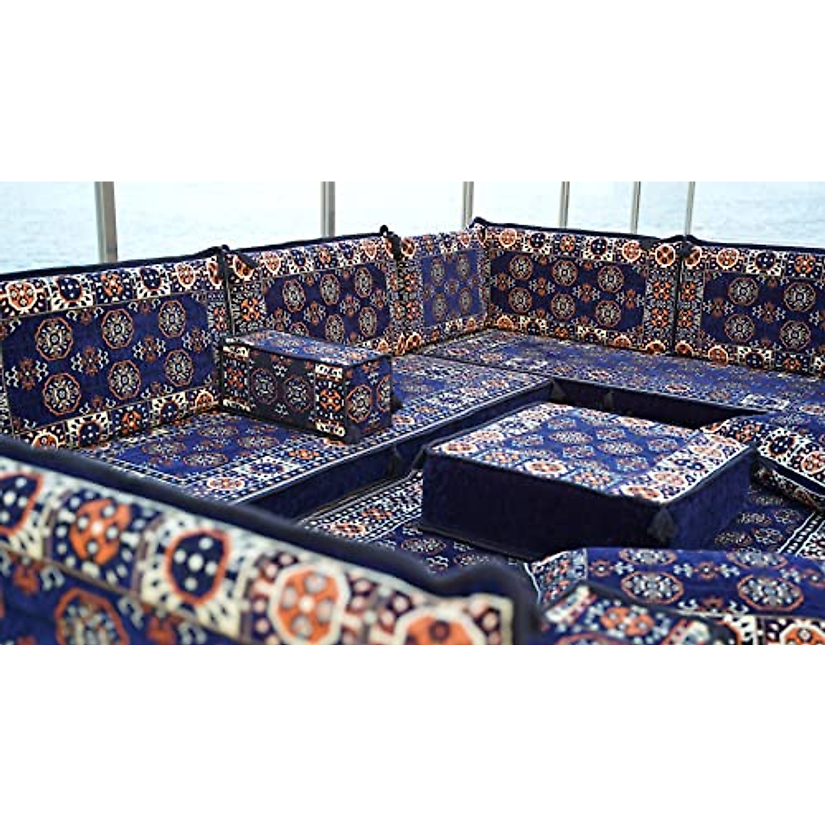 Navy Blue U Shaped Arabic Floor Sofa Set, Floor Cushions, Balcony Patio Sofas, Pallet Sofa, Ethnic Sofa, Moroccan Sofas, Sectional Sofas, Pouffs (U Sofa Full Set)
