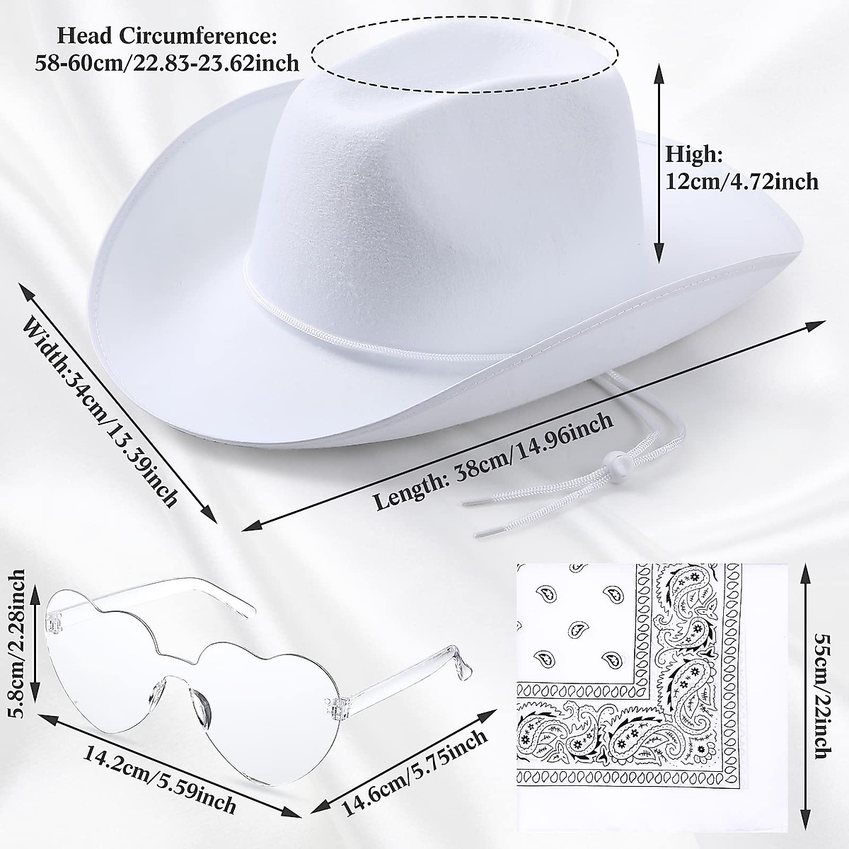 Coume 18 Pcs Cowboy Hat with Heart Sunglasses and Paisley Bandanas Western Cowgirl Hat for Halloween Cosplay Costume(White,Simple Style)