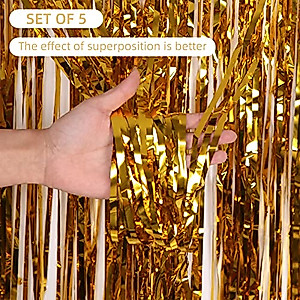 5 Pack Gold Fringe Backdrop 3.2ft x 8.2ft Foil Curtain Tinsel Foil Fringe Curtains Backdrop Tinsel Backdrop Streamers for Birthday Curtain Party Decoration Wedding Christmas Decoration (Gold)
