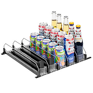 Jillmo Drink Organizer for Fridge, Self-Pushing Soda Can Organizer for Refrigerator, Width Adjustable Pusher Glide, Black, 5 Row