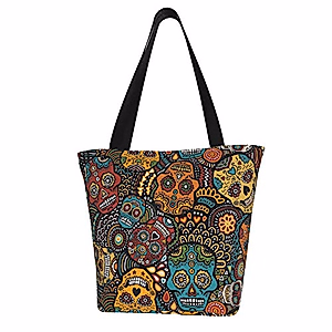 antcreptson Mexican Sugar Skulls Canvas Tote Bag Large Women Casual Shoulder Bag Handbag, Watercolor Sunflower Reusable Multipurpose Heavy Duty Shopping Grocery Cotton Bag for Outdoors.