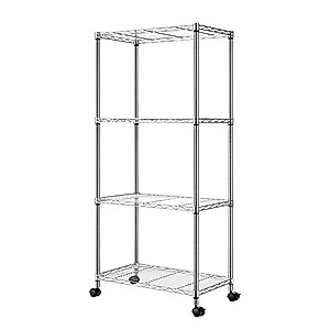Chrome, 4 LAYER ADJUSTABLE METAL WIRE VERTICAL SHELF, heavy DIY shelf shelf, household kitchen, living room, bathroom, storage room, balcony, study, utility room, garage, with universal wheel shelf