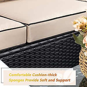 JAMFLY 3-Piece Outdoor Patio Furniture Sofa Set, All-Weather Black Rattan Furniture Sets with Tea Table and Cushions, Wicker Sectional Couch for Backyard, Balcony, Porch or Deck Khaki Black