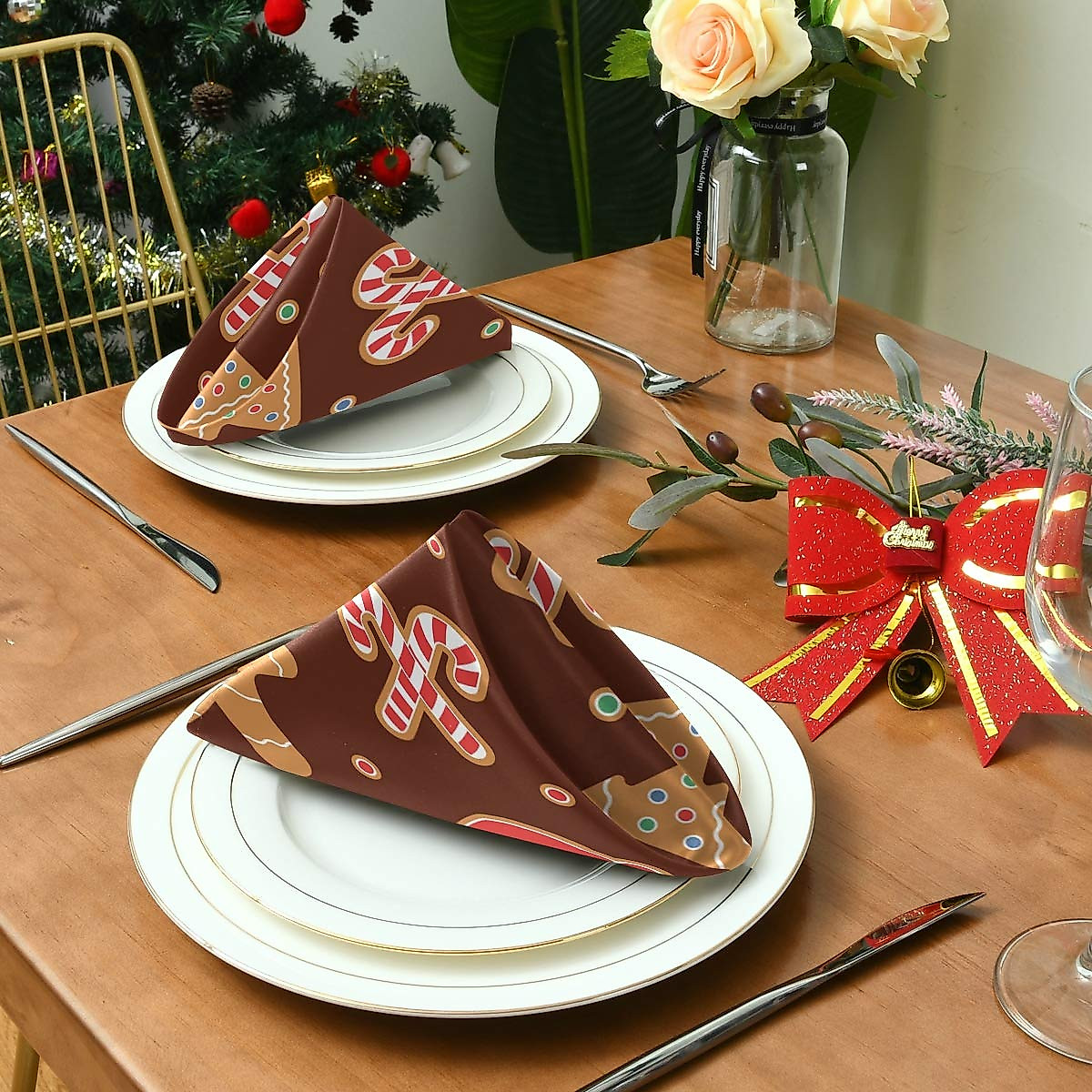 Aslsiy Gingerbread Man Cookies Cloth Napkins Set of 6 Candy Soft 20 x 20 Inch Dinner Table Napkins Comfortable Polyester Napkin for Kitchen Home Wedding Party Holiday Decor