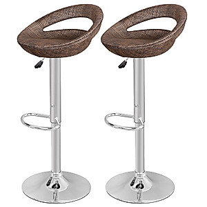 SUPER DEAL Adjustable Pub Wicker Style Barstool All Weather Patio Bar Stool Indoor/Outdoor w/Gas Lift 25-34 inch, Open Back and Chrome Steel Footrest