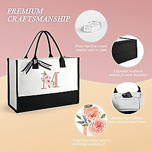 Ini-tial Can-vas Tote Bag w Makeup Bag, Customized Personalized Friends Birthday Gifts for Women, Pink Floral Tote Bag for Women w Inner Pocket, Gift Box, Card, Wedding Gifts for Couples Unique 2023 E