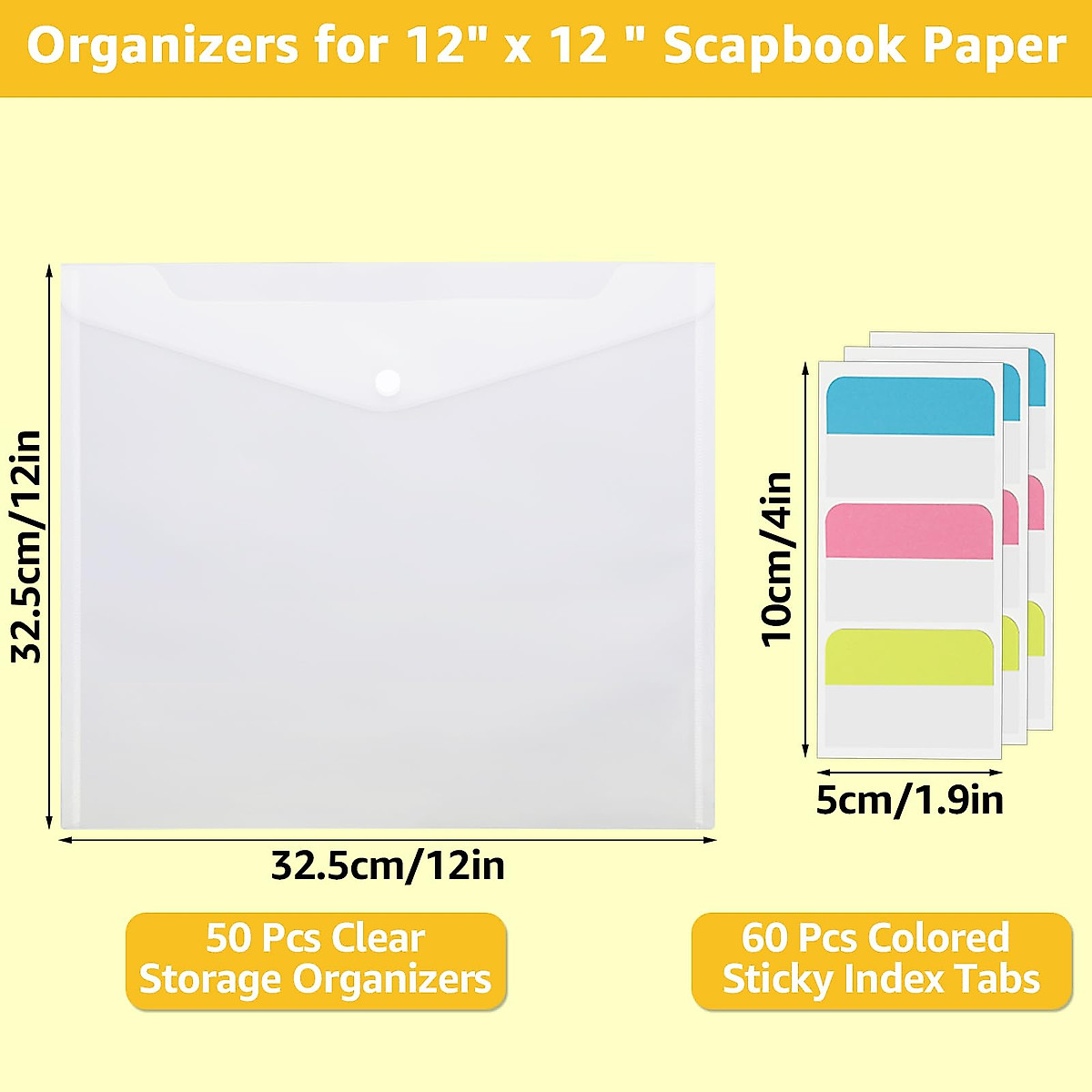 WOPPLXY 50 Pcs Scrapbook Paper Storage with Buckle Design, 12 x 12 Inch Clear Scrapbook Paper Organizer with 60 Pcs Sticky Index Tabs for Holding Scrapbook Paper, Vinyl Paper, Photos, Clear, Cardstock