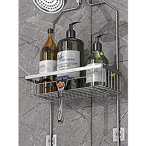 Elbourn Shower Caddy Over Shower Head, Bathroom Hanging Shower Organizer with Hooks, SUS201 Stainless Steel Shower Storage Rack 3 Shelves for Shampoo, Soap and Razor - Silver