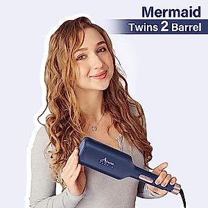 32mm (1.25") Aima Beauty Twins Mermaid Hair Waver, Anti-Scald Hair Crimper 2 Barrel, Beach Wave Curling Iron, Curling Wand with Storage Lock 15S Heats Up for Short/Medium/Long Hair Prussian Blue