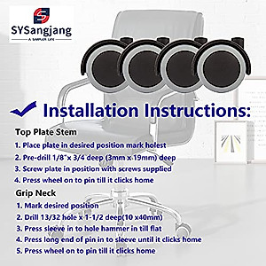 SYSanjang SYTX-324 2" (Set of 4) Floor Protector Rubber Caster Wheels (5/16 Inch Stem/Top Plate Mounting Options)