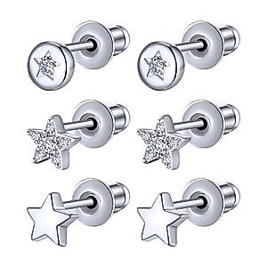 3 Pairs Star Stud Earrings for Women and Men，14K Gold Plated Dainty Tiny Hypoallergenic Cartilage Cubic Zirconia Earrings Set (White Gold)