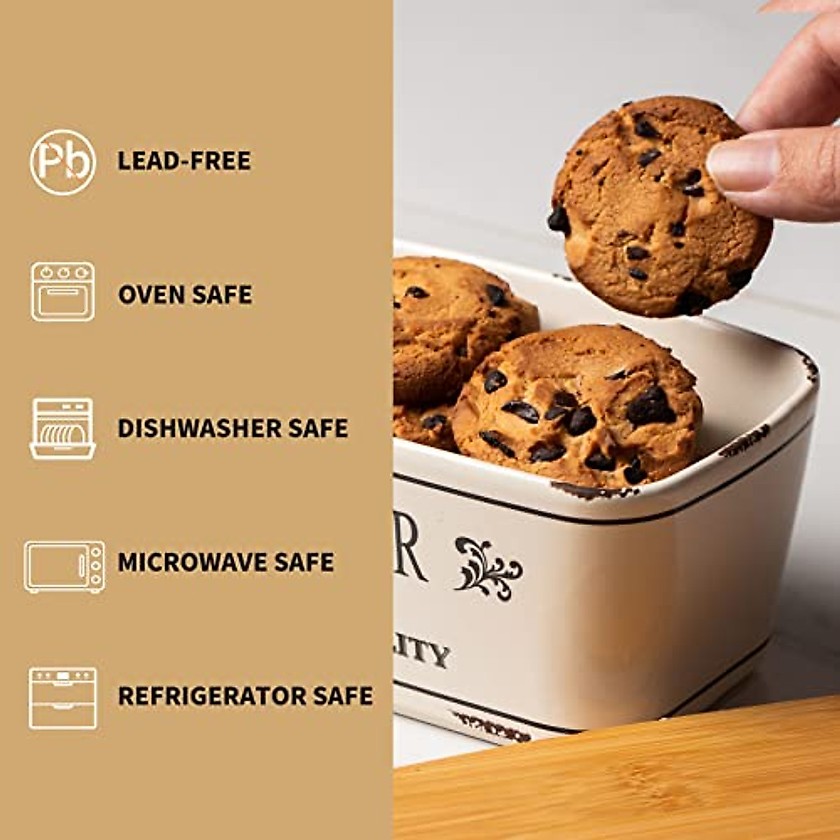 Hasense Farmhouse Butter Dish with Lid for Countertop, Butter Keeper & Holder, Large Butter Container for Fridge with Bamboo Freshness Seal, Enhance Kitchen Decor, Holds Two Sticks of Butter, White