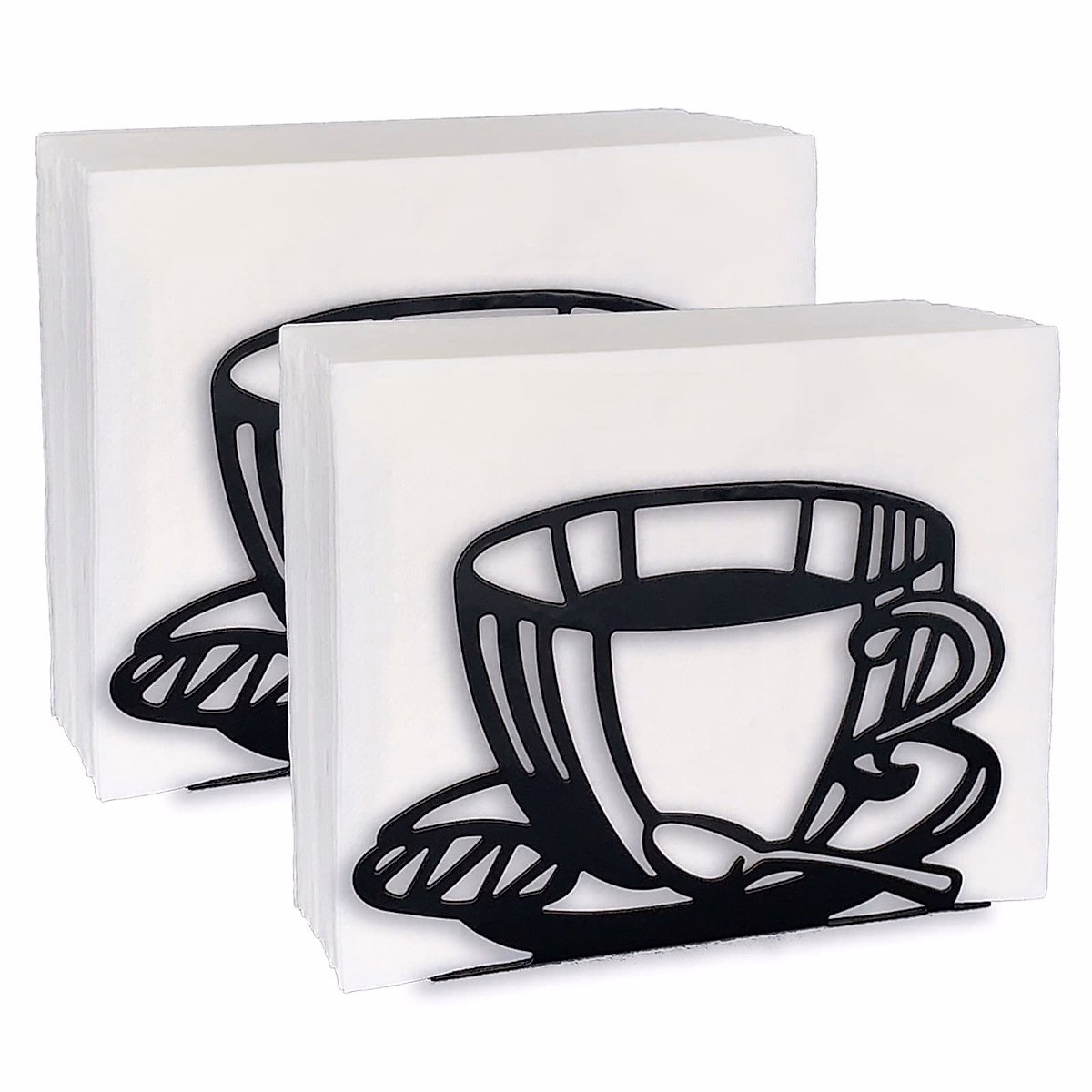 MAINFOR 2 Pcs Napkin Holders for Table, Black Farmhouse Kitchen Cocktail Dining Paper Napkin Holder, Stainless Steel Napkin Dispenser Holder (Coffee Cup Theme)