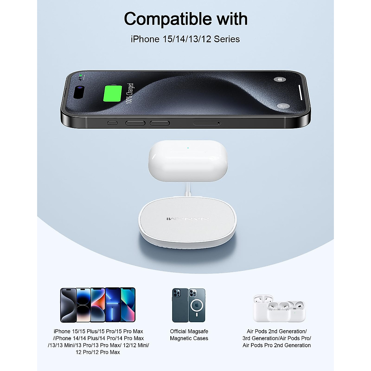 NANAMI Magnetic Wireless Charger iPhone Compatible with MagSafe Charger for iPhone 15/14/13/12 Pro/Max/Plus, Fast Wireless Charging Pad Phone Charger for AirPods 3 2 Pro with USB-C 30W PD Adapter