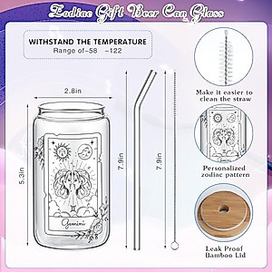 Uiifan 16 oz Zodiac Iced Coffee Glasses Beer Can Shaped Drinking Glasses Glass Cups with Lids and Straws Cleaning Brush Cute Drinking Jars Zodiac Gifts for Women Men Tea Soda (Gemini Style)
