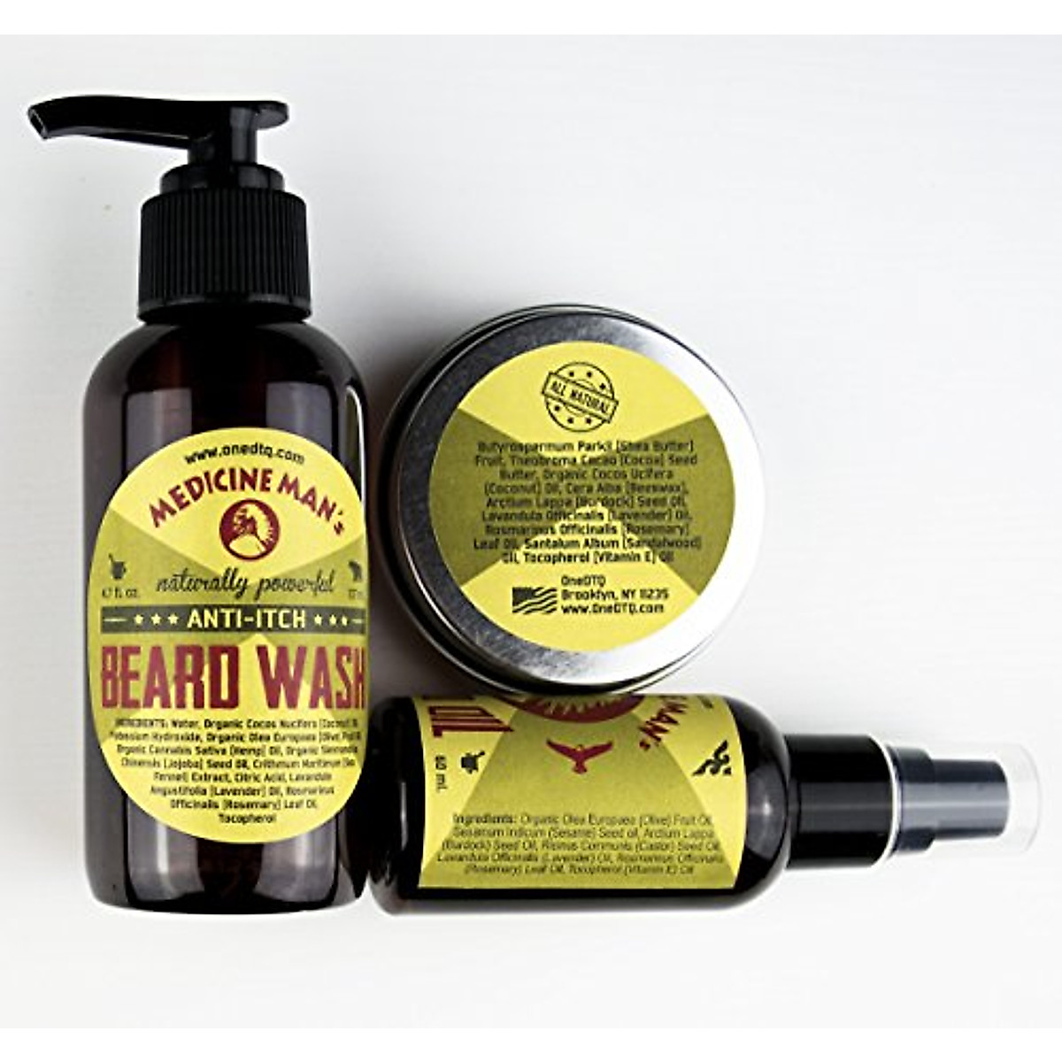 Medicine Man's Beard & Mustache Care Kit: Itchy Beard Wash 4,7 FL OZ, Anti Itch Beard Oil 2 FL OZ, Beard & Mustache Balm 2 FL OZ - in a Mustache Stamped Linen Pouch