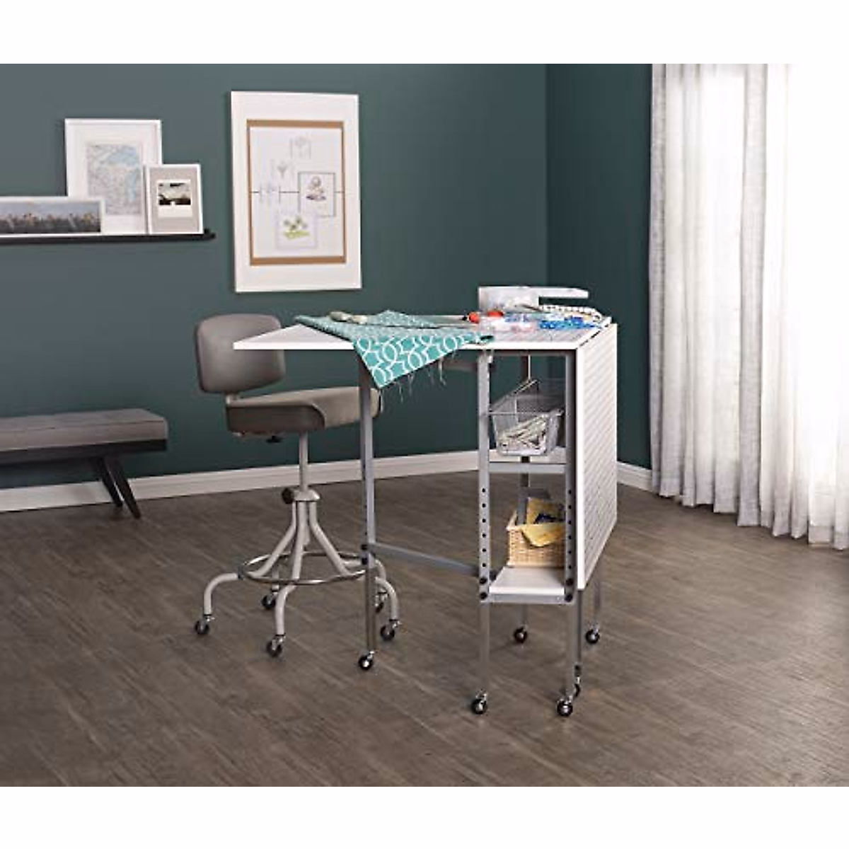 Sew Ready Foldable Hobby and Cutting Grid Table - 58.75" W x 36.5" D White Arts and Crafts Table with Grid Top and Silver Storage Drawers