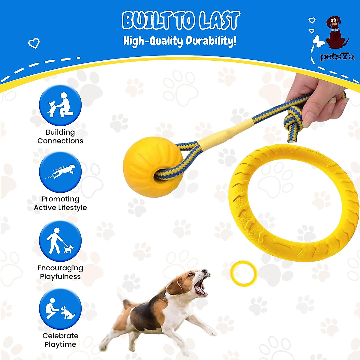 petsYa Ball Dog with Rope and Dog Ring Flying Traning chew Dog Toys Soft Foam Ball for Fetching Soaring Flying Ring