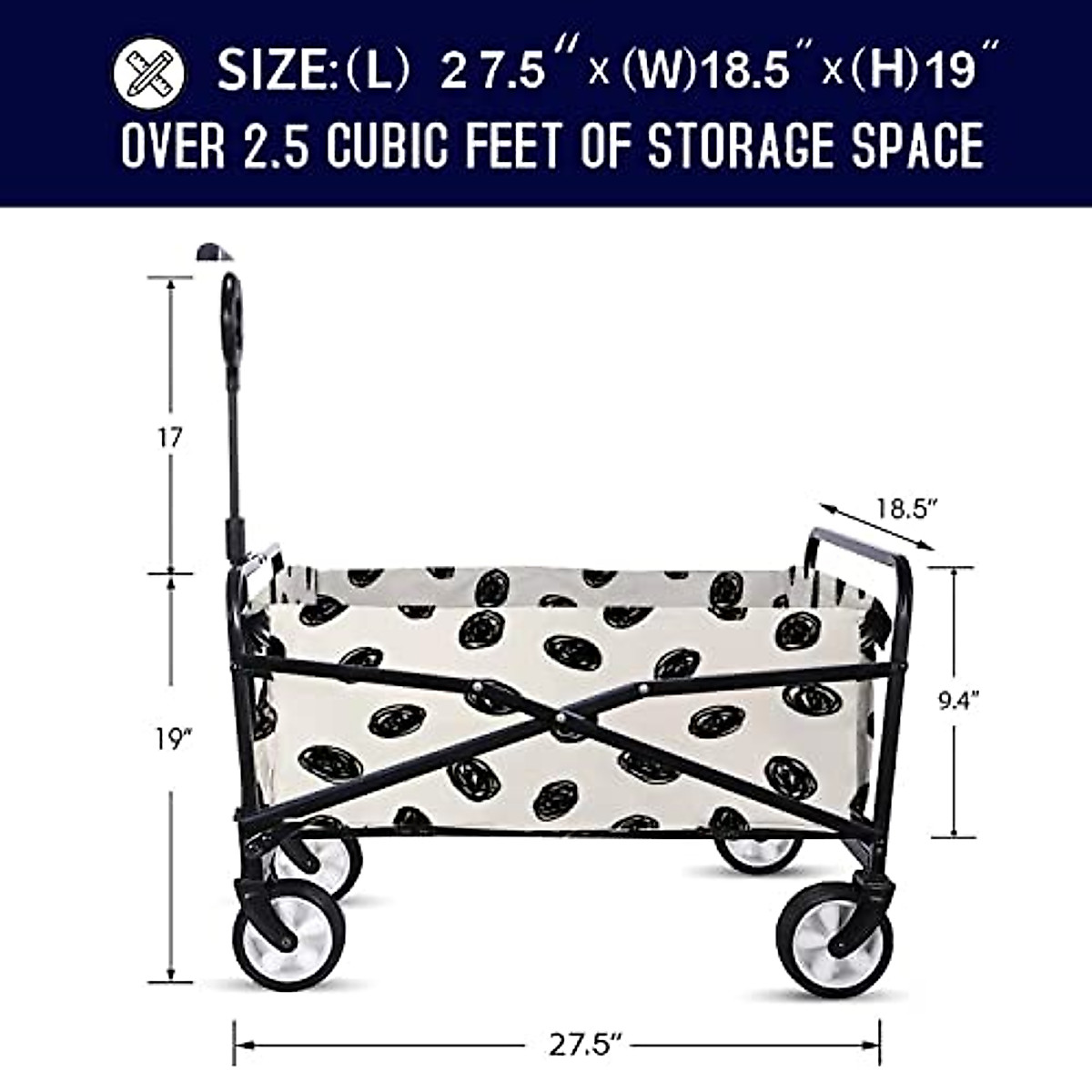 Collapsible Wagon Cart Hipster Polka dot Black and White Abstract with Scribble Circles Hand Foldable Utility Wagon Large Capacity Garden Cart with Push Bar for Beach Camp Outdoor Shopping
