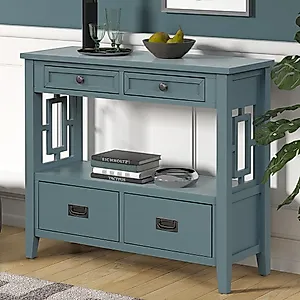 Yone jx je 36'' Farmhouse Pine Wood Console Table Entry Sofa Table with 4 Drawers & 1 Storage Shelf for Entryway Living Room Bedroom Hallway Kitchen (Blue)