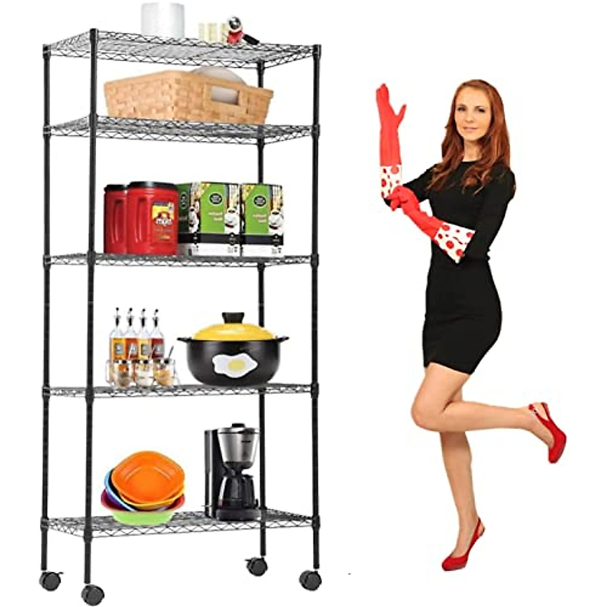 Heavy Duty 5-Tier Shelving Unit Commercial Grade Adjustable 900Lbs Capacity Steel Storage Rack 30L x 14D x 60H Mobile Shelves Wire Shelf Silver Rolling Utility Cart for Pantry Garage Kitchen- Black