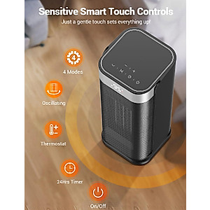 Sunnote Space Heater for Indoor Use, 1500W Fast Heating, Electric & Portable Ceramic Heaters with Thermostat, 5 Modes, 24Hrs Timer, 80°Oscillating Room Heater with Remote, Safe for Office Bedroom Use