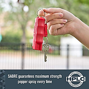 SABRE ADVANCED Pepper Spray Keychain with Quick Release – 3-in-1 Pepper Spray, CS Tear Gas & UV Dye – Maximum Strength Police OC Spray, Finger Grip for Better Aim – Optional Practice Spray