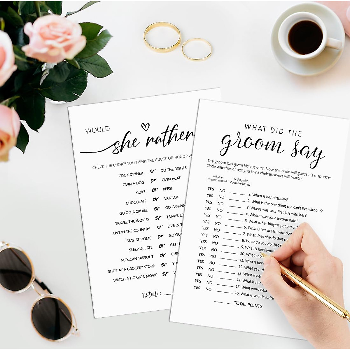 2 Bridal Shower Games, Would She Rather Game &What Did The Groom Say -Set of 30, Double Sided Printed Minimalist Bridal Shower Cards, Wedding Party Game Cards for Guests, Bridal Shower Ideas-HLYX06