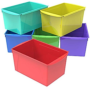 Storex Extra-Large Book Bin, Interlocking Plastic Organizer for Home, Office and Classroom, Assorted Colors, 6-Pack (71126E06C)
