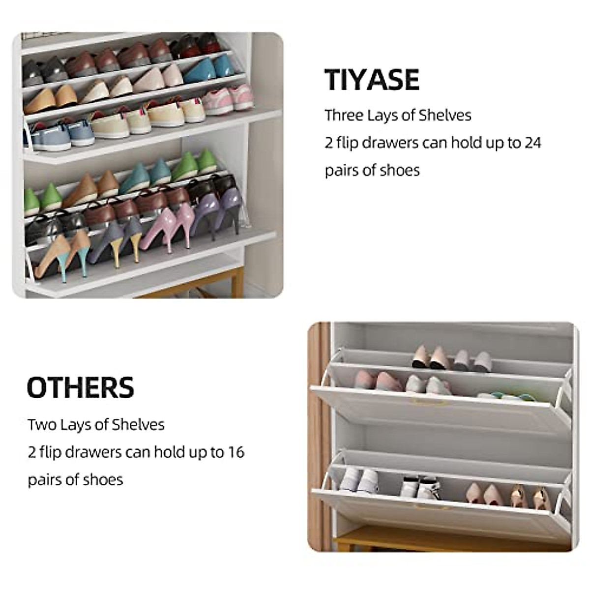 TIYASE Shoe Cabinet with 2 Flip Drawers, Modern Tipping Bucket Shoe Storage Cabinet for Entryway, 28 Pairs Free Standing Shoe Rack Organizer with Shelves,White