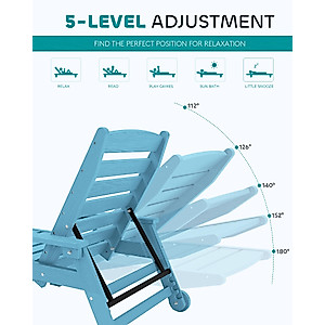 SERWALL Patio Chaise Lounge Chair Set of 2, 5 Positions Adjustable HDPE Outdoor Lounge Chair for Pool, Poly Lounge Chair with Rolling Wheels & Cup Holder for Poolside, Deck, Light Blue