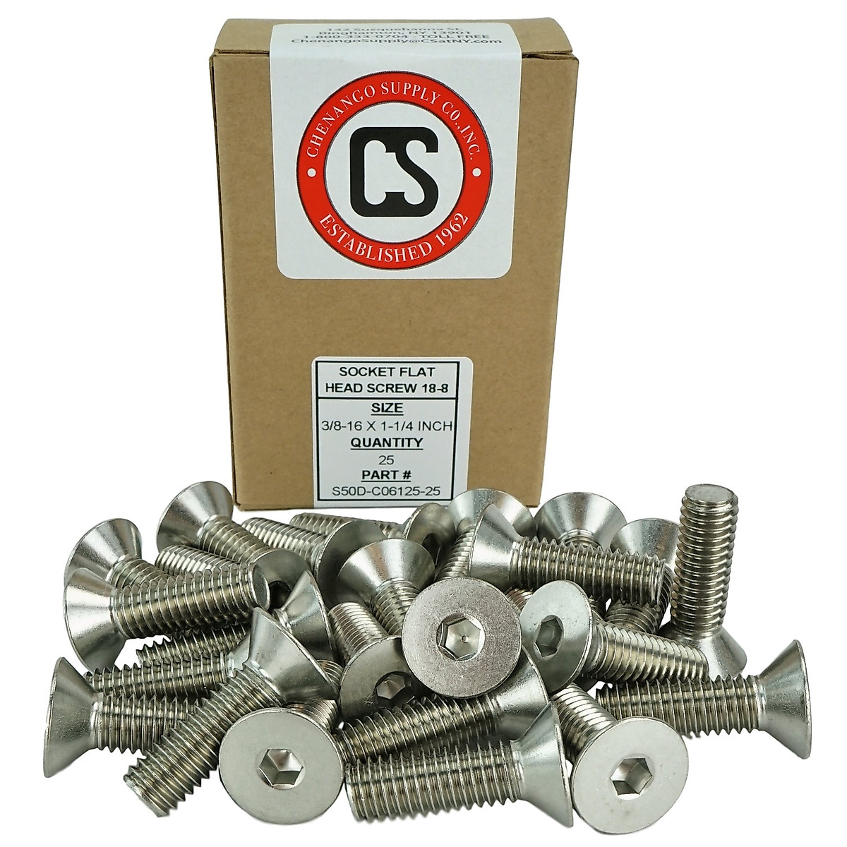 Stainless 3/8-16 x 1-1/4" (3/4" to 3" Available) Socket Flat Head Screws, Full Thread, Hex Drive, Stainless Steel 18-8, Coarse Thread (3/8-16 x 1-1/4")