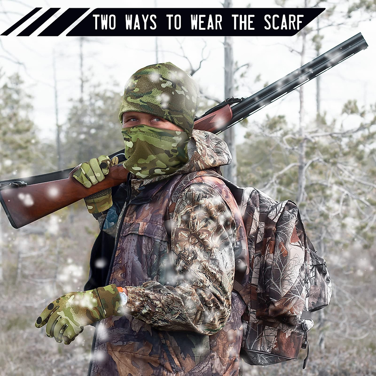 Janmercy 3 Pcs Camouflage Beanie Gloves and Scarf Set Include Beanie Neck Gaiter, 1 Pair Full Finger Hunting Gloves (Vintage Color)