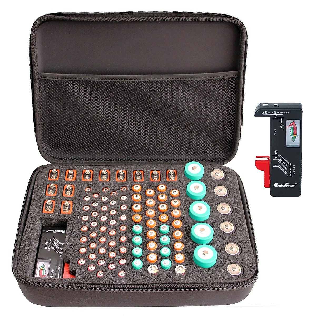 MaximalPower Hard Battery Organizer Storage Box Carry Case for Assorted Sizes AA AAA C D 9V Batteries [Batteries NOT Included] (Battery Case & Tester)