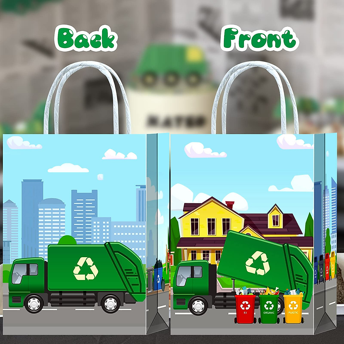 16 Pieces Garbage Truck Goodie Bags,Trash Truck Gift Snacks Treat Candy Party Favors Bags for Waste Management Recycling Theme Party Decorations
