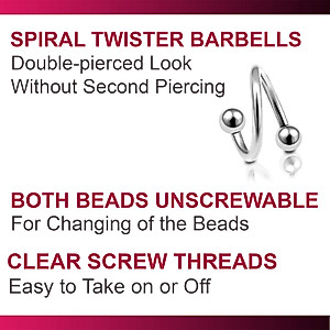 bodyjewellery 4pcs 16g Spiral barbell Cartilage Earring Lip Tragus Eyebrow Hoop Helix Twisted Bar Surgical Steel Studs 3mm Balls - 10mm