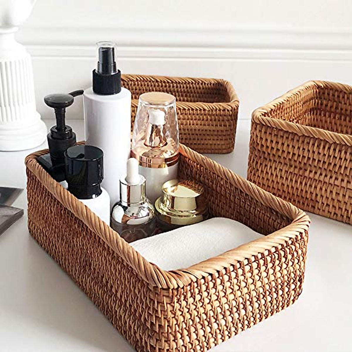 WERTSWF Wicker Baskets for Storage Organizing,Rectangular Weaving Rattan Basket Water Hyacinth Storage Baskets for Countertop Living Room Home Decor