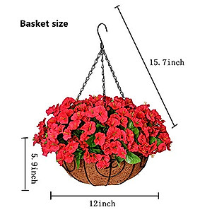 Homsunny Artificial Hanging Flowers in Basket, Silk Flower with 12 inch Flowerpot Centerpieces,Fake Hanging Plants in Coconut Lining Hanging Baskets for Outdoors Indoors Courtyard Decor (Rose red)
