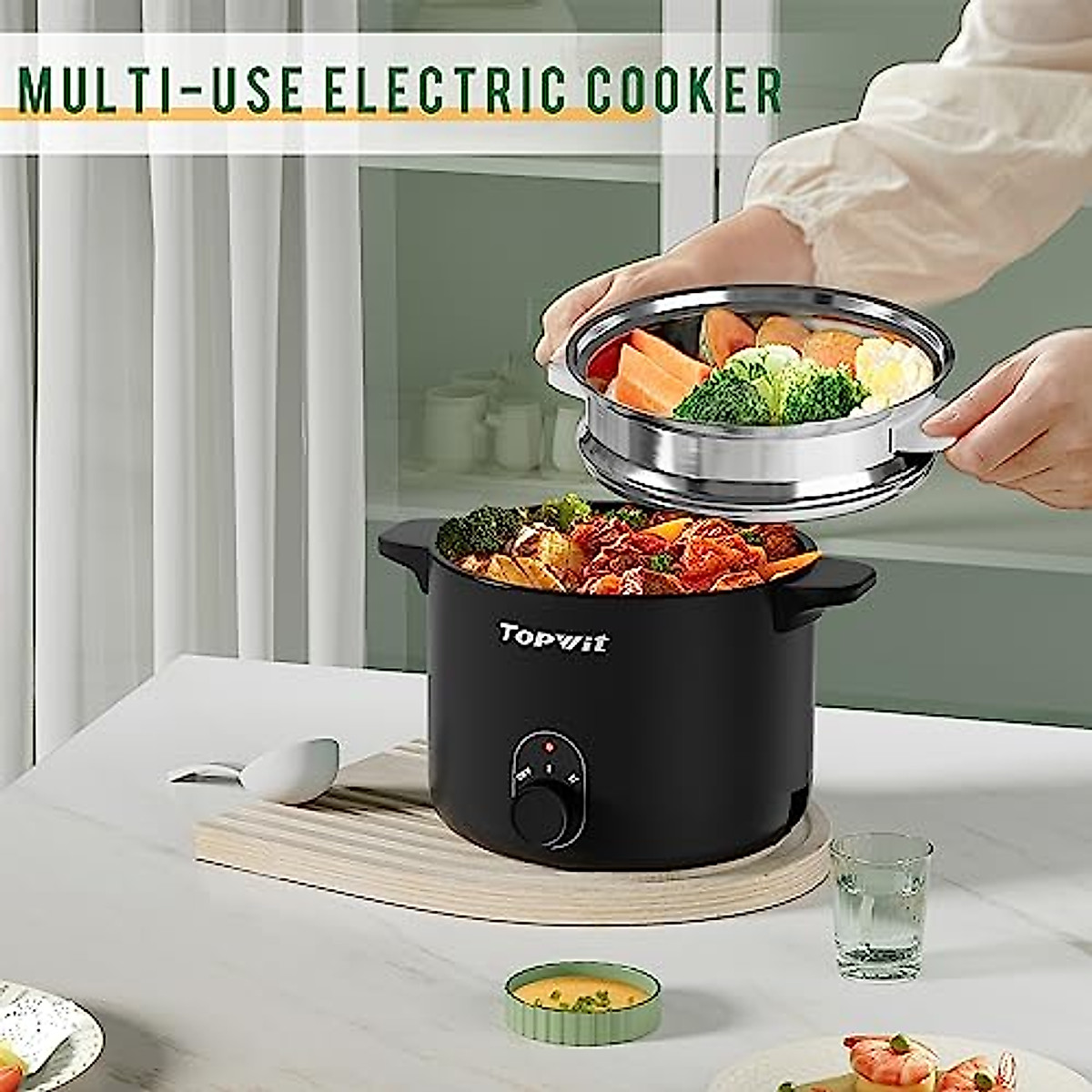 Topwit Electric Pot with Steamer, 1.5L Non-stick Ramen Cooker, Hot Pot Electric, Electric Pot for Cooking Pasta, Noodles, Steak, Egg, Portable Pot with Dual Power Control, Dorm Room Essentials, Black…