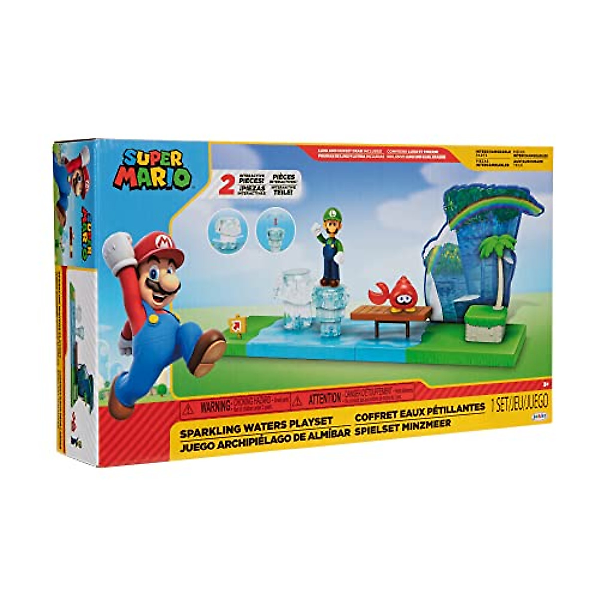 Super Mario Sparkling Waters Action Figures Playset Includes 2.5 Inch Luigi & Red Huckit Crab with Interactive Pieces