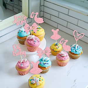 Gyufise 36 Pack Oh Baby Cupcake Toppers It's a Girl Cupcake Toppers with Bow Dress Love Heart Pink Glitter Cake Picks Decorations for Baby Shower Girl Birthday Party Supplies