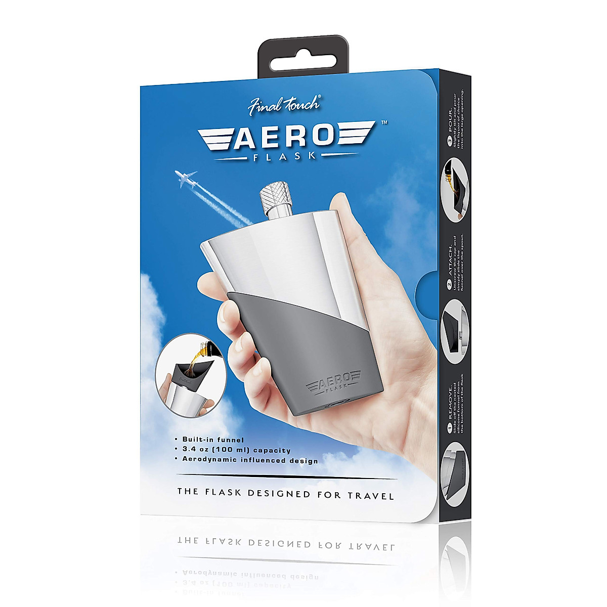 Final Touch Aero Flask Travel Liquor Container - 3.4 oz 100ml Carry-On Flask with Built-in Funnel - Aerodynamic Design Inspired by Airplane Wings - Stainless Steel - Comfortable for Pocket (FTA1820)