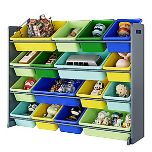 HearCare PUPL Toy Storage Organizer Bin, Multi-Functional Toy Storage Cabinet with Shelf and 16 Plastic Bins for Bedroom, Living Room, Playroom, Home Furniture, Gray Rack and Colorful Bins