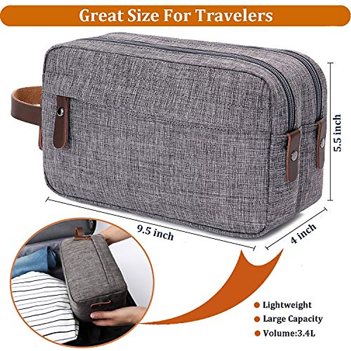 Men and women's Toiletry Bag Dopp Kit Travel Bathroom Bag Waterproof Shaving Shower Cosmetic Organizer (Grey)